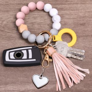 UpUDo Keychain Bracelet Wristlet, Silicone Beaded Key Ring Bracelet, Elastic Keyring Bangle for Womens