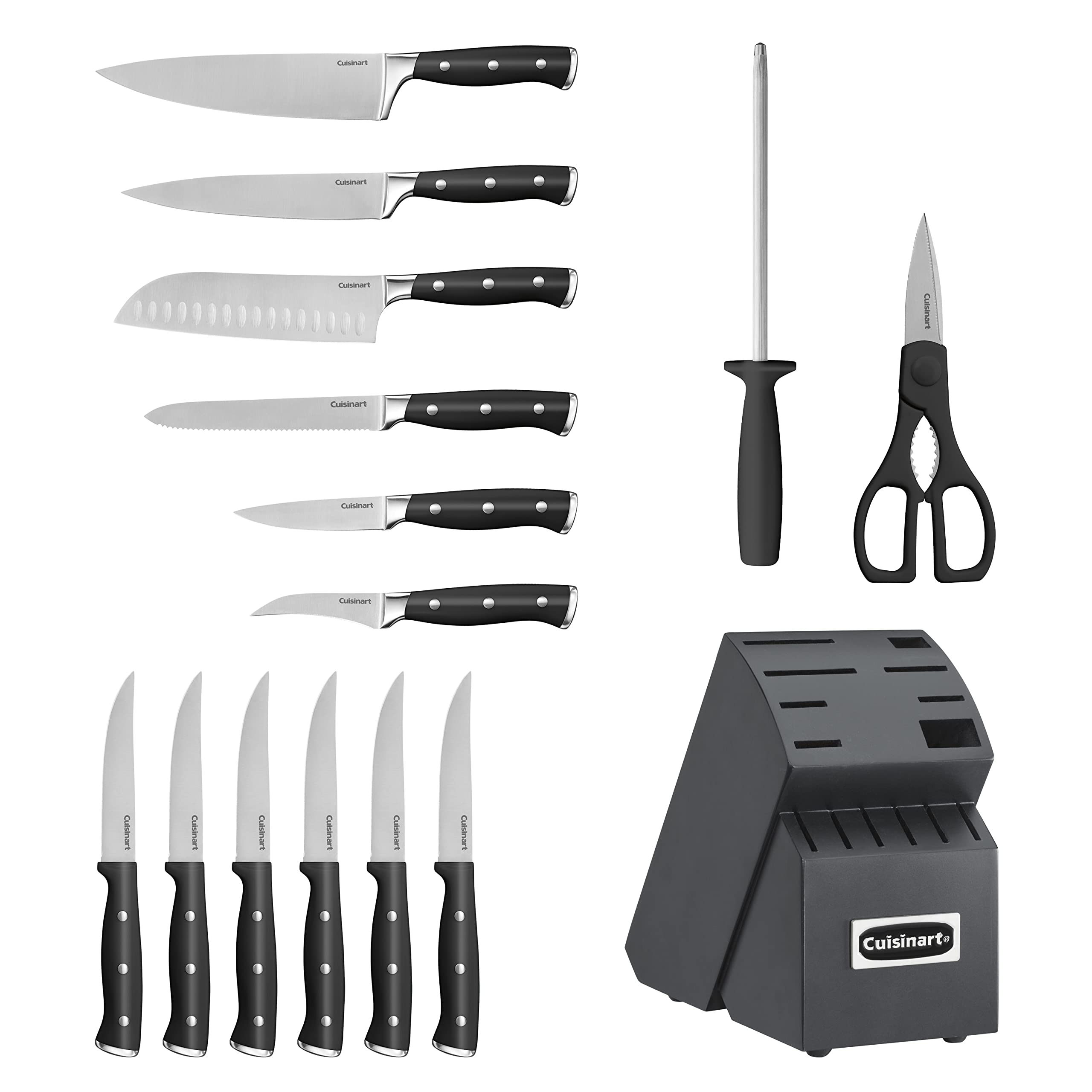 Cuisinart 15-Piece Knife Set with Block, High Carbon Stainless Steel, Forged Triple Rivet, Black/Black C77BTR-15PBK