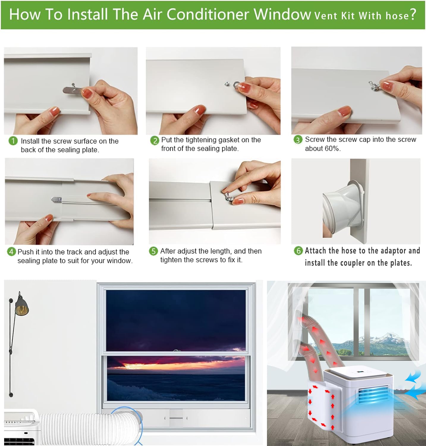 Portable AC Window Vent Kit, Adjustable Vertical/Horizontal Sliding Window Kit Plate for AC Unit, AC Window Vent Kit, AC Window Seal With 5.9 Inch Diameter, 59 Inch Length Exhaust Hose