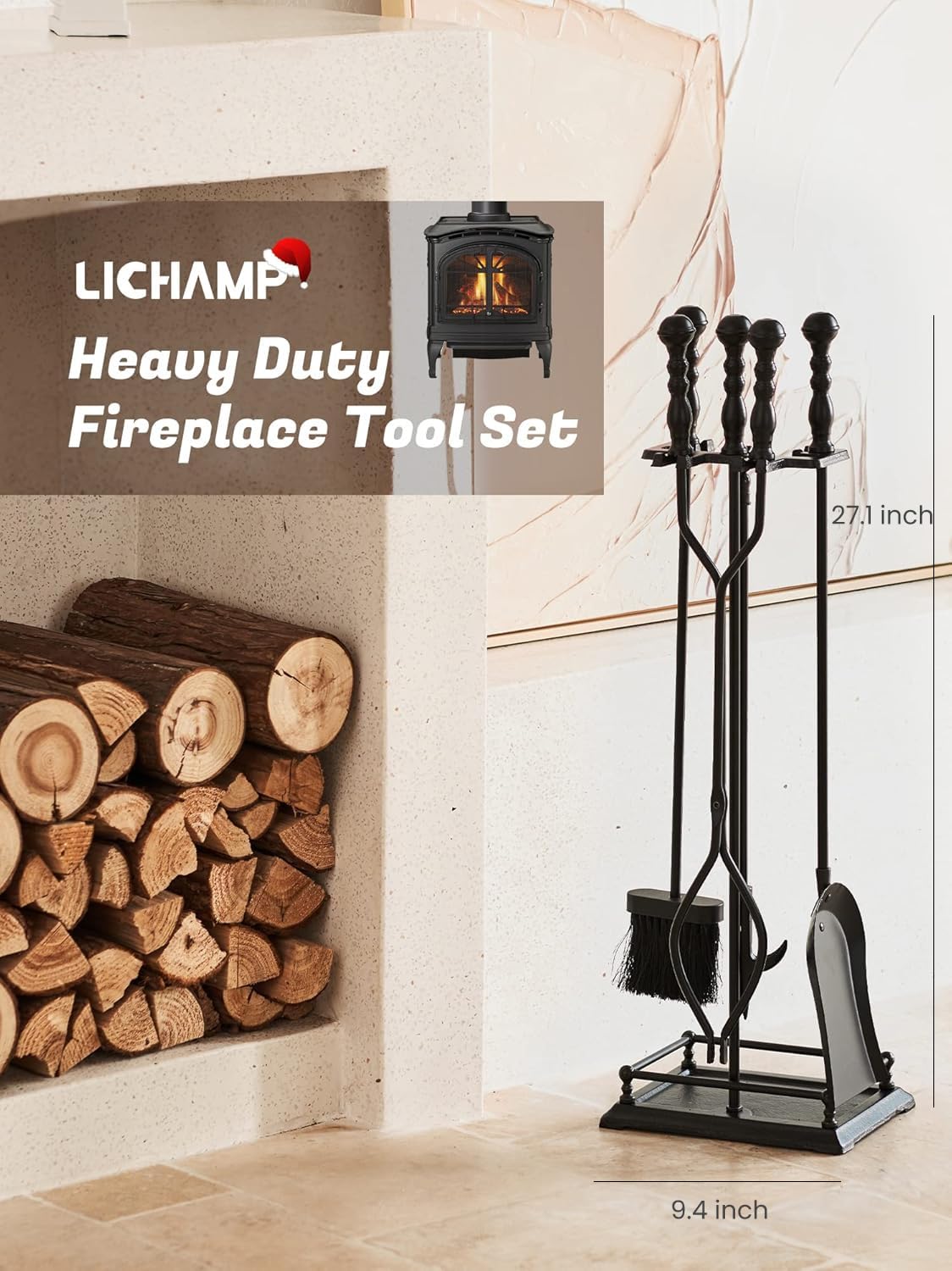 Lichamp Fireplace Tools Set, 5-Pieces Indoor Outdoor Sturdy Fire Place Poker Sets with Retro Handle, FTS25BK