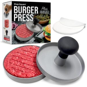 shop square burger press patty maker with 100 patty papers - non-stick hamburger patty maker with parchment paper included - hamburger patty press for bbq, beef, veggie burgers - food grade material