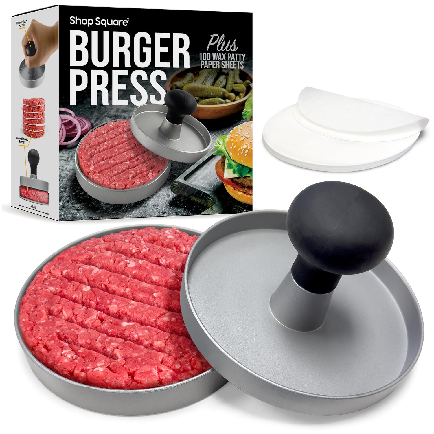 Shop Square Burger Press Patty Maker with 100 Patty Papers - Non-Stick Hamburger Patty Maker with Parchment Paper Included - Hamburger Patty Press for BBQ, Beef, Veggie Burgers - Food Grade Material