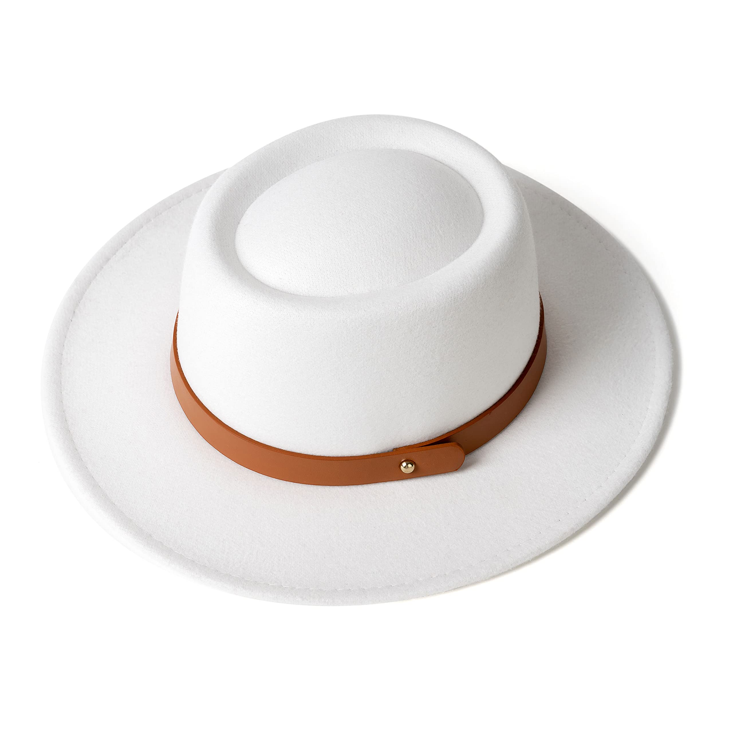 EOGIMI Lady Retro Wide Brim Fedora Floppy Pork Pie Hat with Belt Buckle White