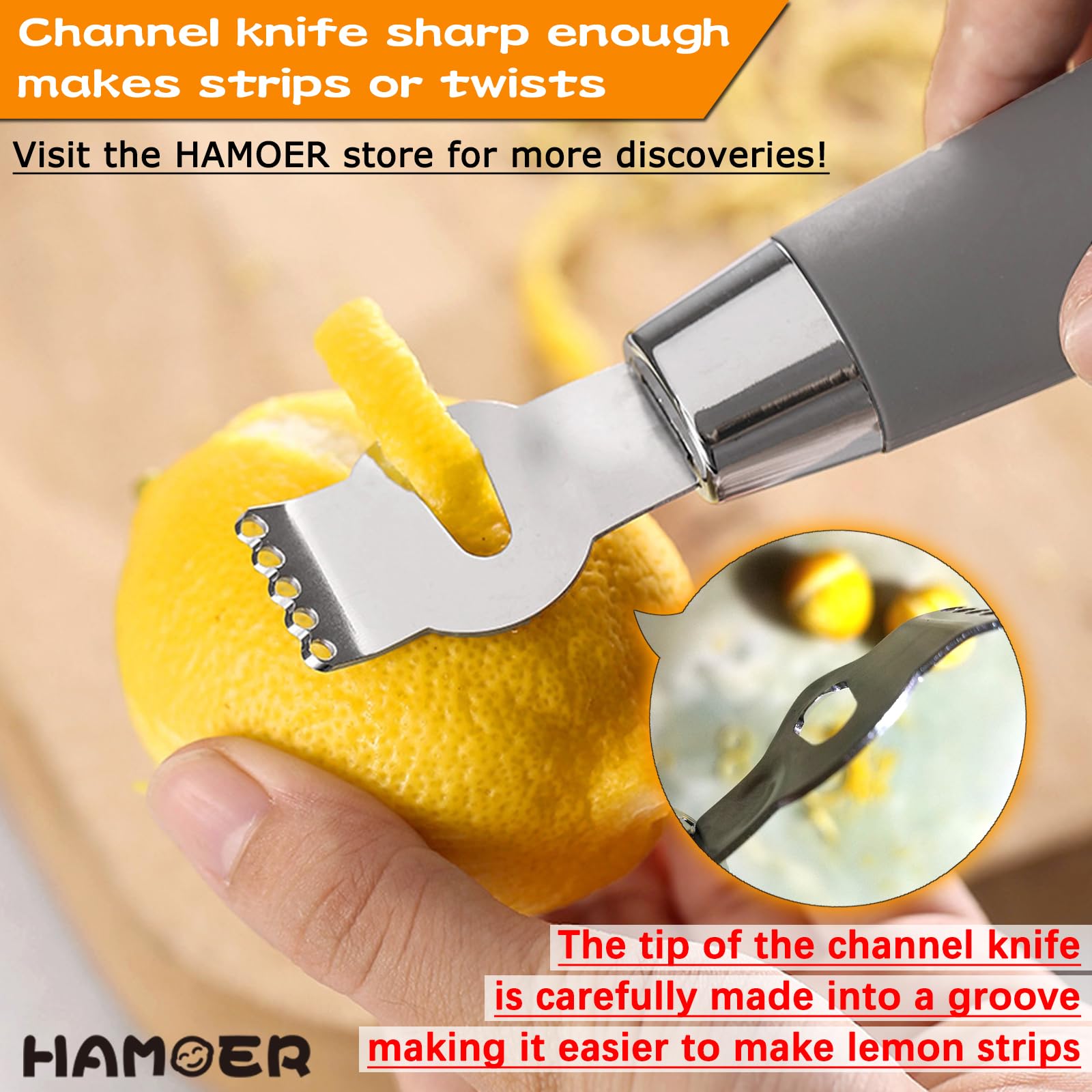 HAMOER Lemon Citrus Zester Tool Cheese Grater for kitchenaid-Multipurpose grooved channel knife scraper,Stainless steel blade and ergonomically designed curved handle