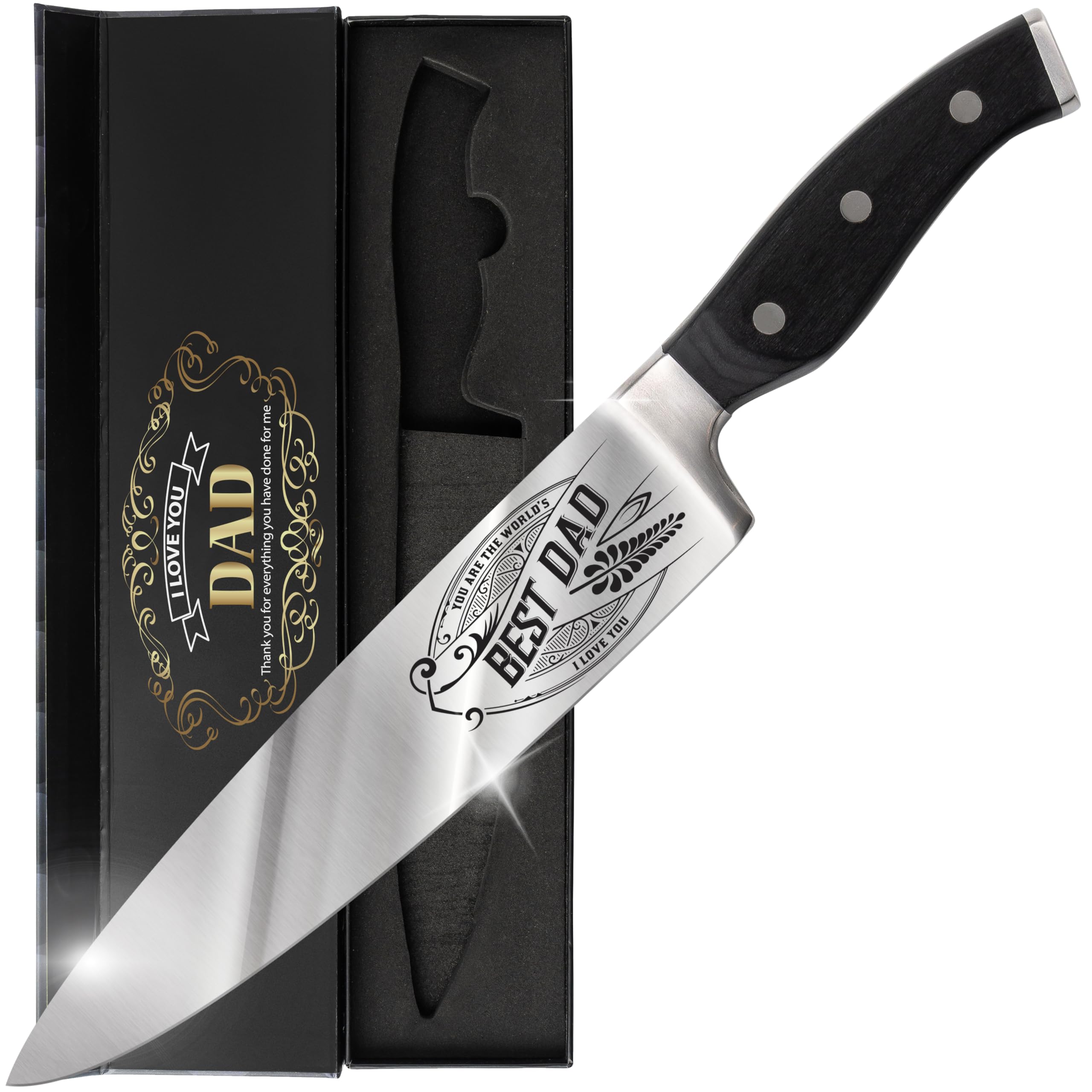 Birthday Gift BEST DAD - Premium Chef Knife Gift - 8 in. Stainless Carbon Steel Kitchen Knive w/Pakka Wood Handle - Father's Day, Christmas, Housewarming, Anniversary, Holiday Gifts by CutLinx