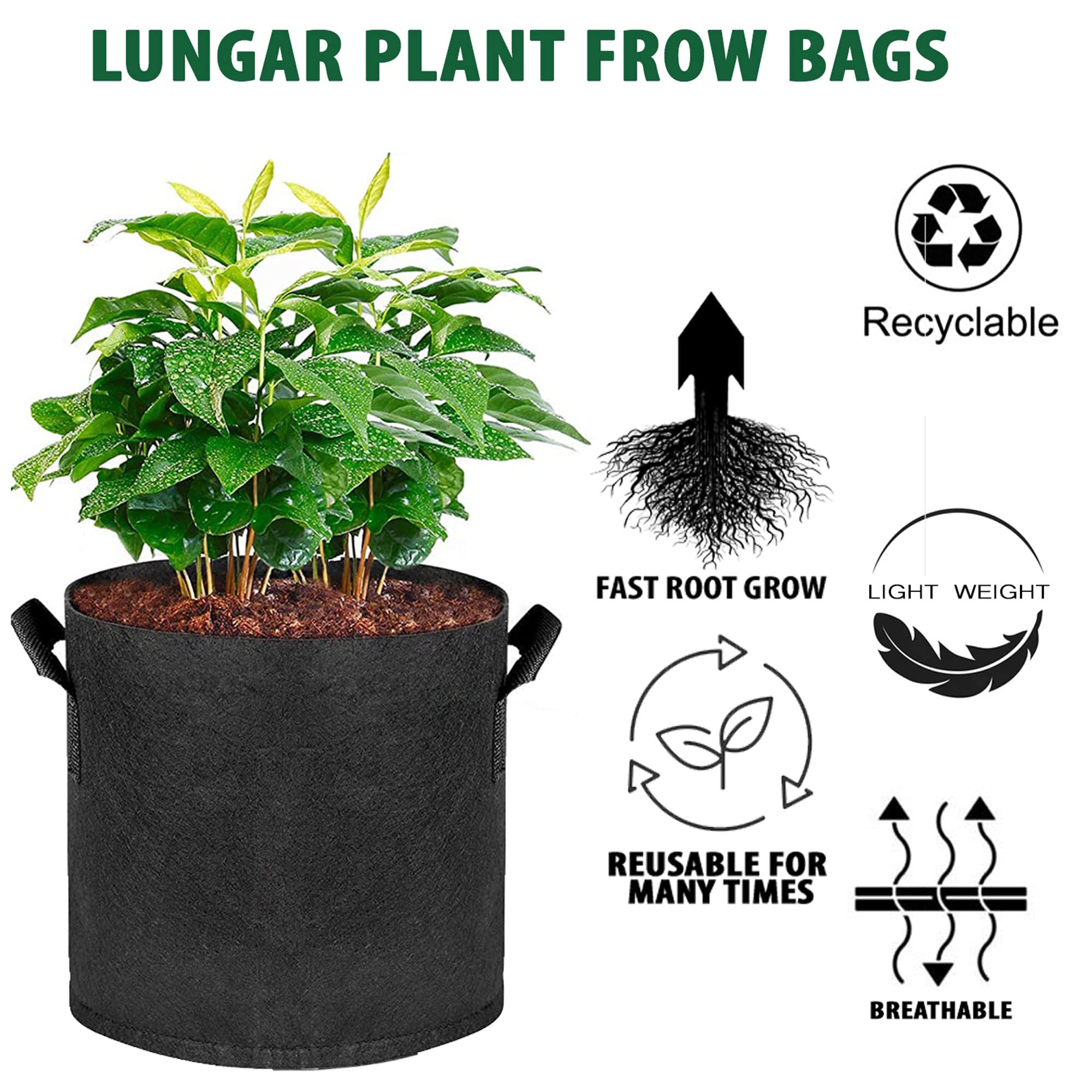 LUNGAR Plant Grow Bags - 5 Gallon 5 Packs Planter Pot, Thickest Aeration 300G Non-Woven Fabric, Reinforced Handles for Weatherproof Nursery Pot, Enhanced Double Seam