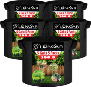 lungar plant grow bags - 5 gallon 5 packs planter pot, thickest aeration 300g non-woven fabric, reinforced handles for weatherproof nursery pot, enhanced double seam