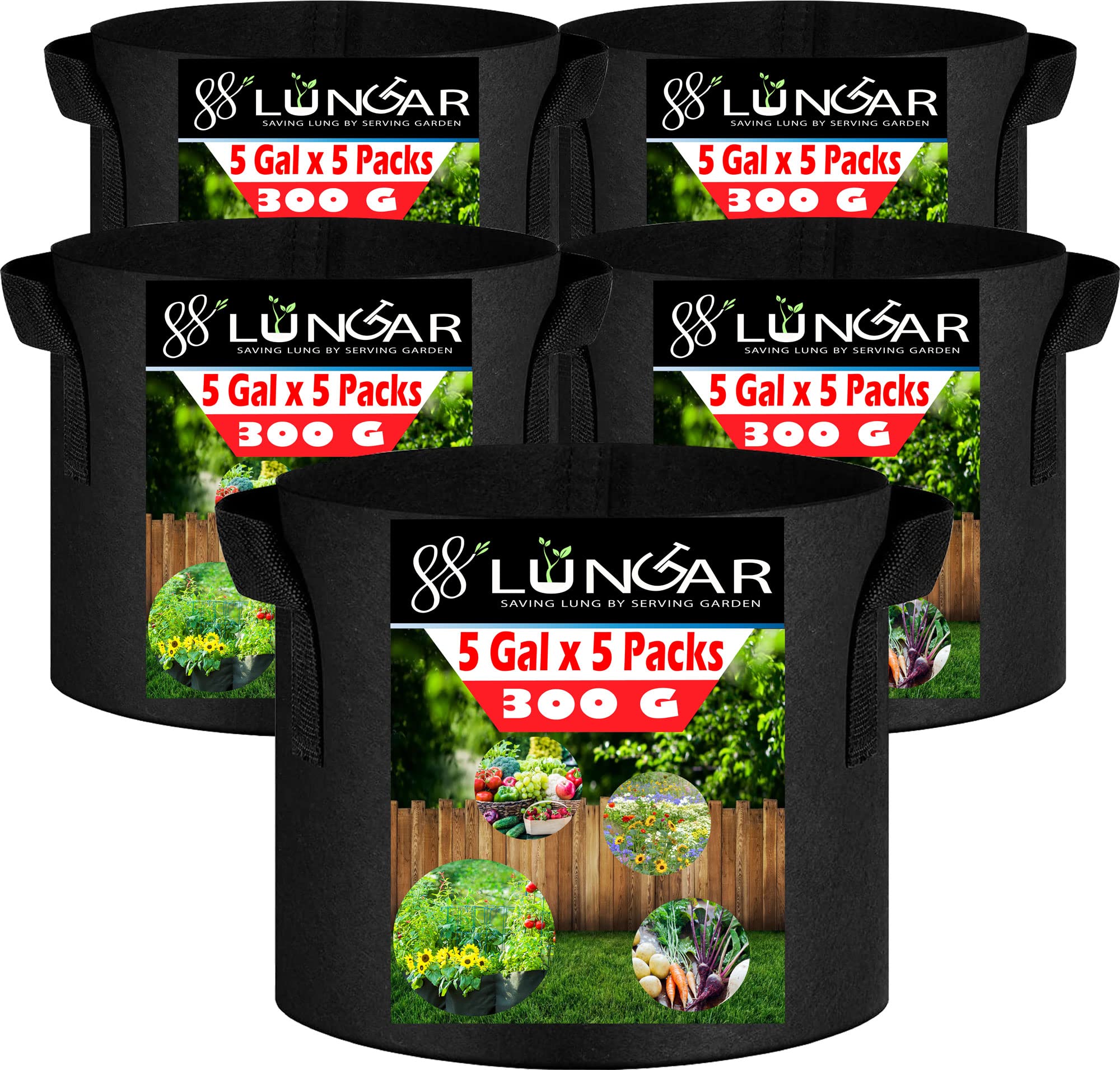 LUNGAR Plant Grow Bags - 5 Gallon 5 Packs Planter Pot, Thickest Aeration 300G Non-Woven Fabric, Reinforced Handles for Weatherproof Nursery Pot, Enhanced Double Seam