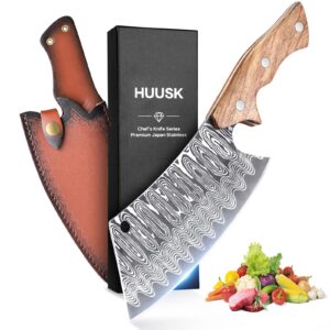 huusk japan knife, hand forged meat cleaver knife japanese kitchen knife with sheath cooking butcher knife for meat cutting vegetable cleaver for kitchen, camping thanksgiving christmas gifts