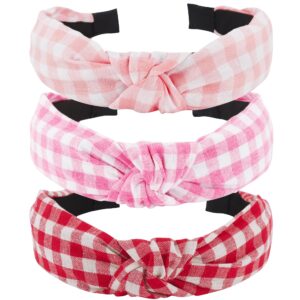 tobatoba pink headband, 3 pack plaid headbands for women girls, christmas headband hair accessories, pink and red knotted headband for women top knot headband, vintage checked headband non slip