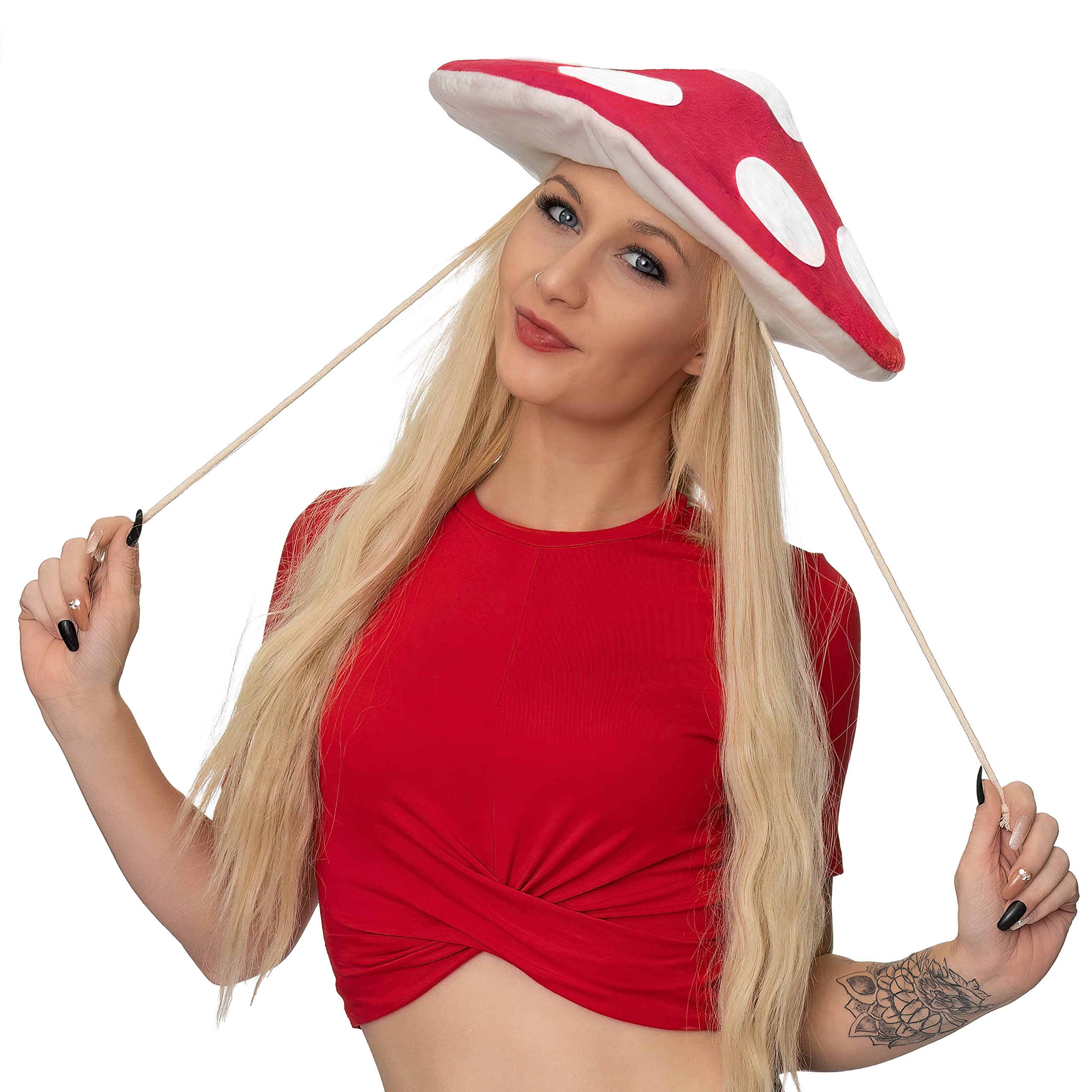 ComfyCamper Mushroom Hat Costume - Fedora Hat Red Cap - Women Girls Adult - Cosplay Roleplay Halloween (Adult)