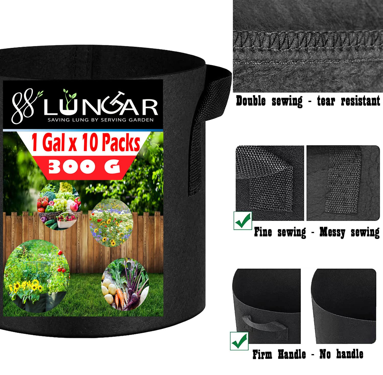 LUNGAR Plant Grow Bags - 5 Gallon 5 Packs Planter Pot, Thickest Aeration 300G Non-Woven Fabric, Reinforced Handles for Weatherproof Nursery Pot, Enhanced Double Seam