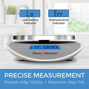 POHL SCHMITT Digital Food Kitchen Scale, Batteries Included, Multifunctional Weight Measuring Device in Grams/Ounces, Auto Shut-Off, Stainless Steel, Grey, 11, (PS-611)