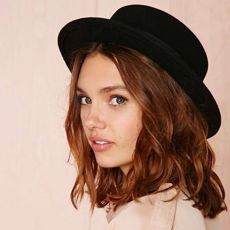 Wide Brim Wool Felt Flat Top Fedora Hat for Women and Men Pork Pie Hat Felt Boater Party Church Trilby Hats Black