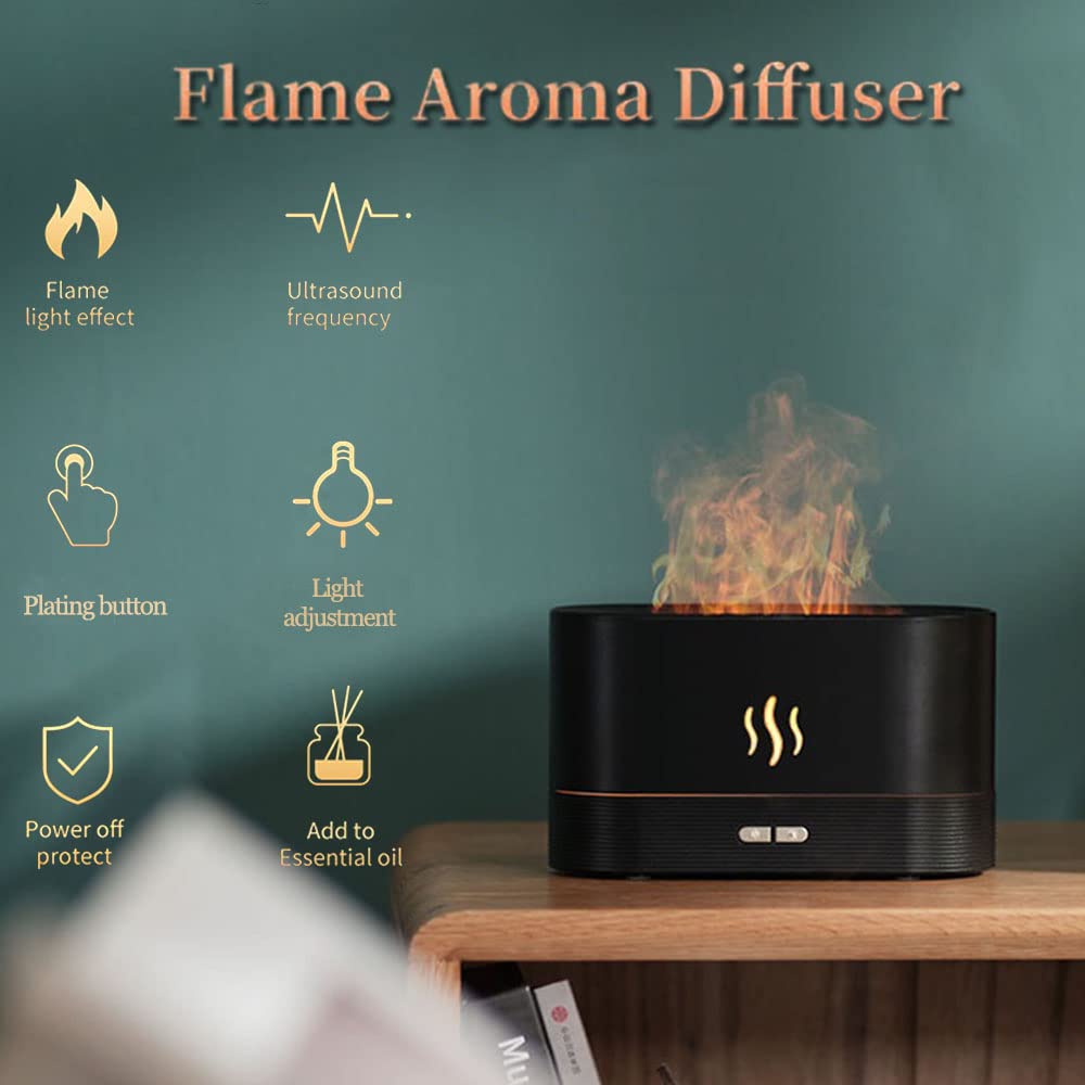 Upgraded 7 Color Flame Fireplace Air Aroma Essential Oil Diffuser,USB Personal Desktop Noiseless Cool Mist Humidifier with Auto-Off Protection for Home,Office, Gift (BLACK)