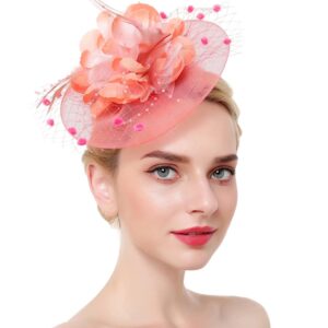 JWICOS Fascinators Hat for Women 50s Flower Hat with Veil Cocktail Wedding Tea Party Church Derby Hat (Coral)