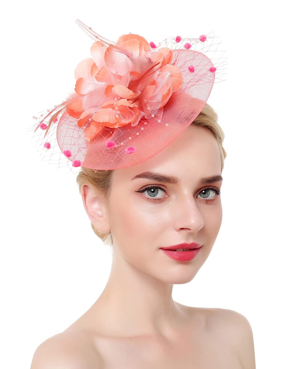 JWICOS Fascinators Hat for Women 50s Flower Hat with Veil Cocktail Wedding Tea Party Church Derby Hat (Coral)