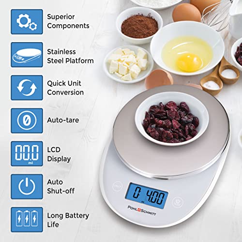 POHL SCHMITT Digital Food Kitchen Scale, Batteries Included, Multifunctional Weight Measuring Device in Grams/Ounces, Auto Shut-Off, Stainless Steel, Grey, 11, (PS-611)