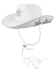 ybhomine white cowgirl hat with heart sunglasses - cowboy hat with glitter star fits women for bachelorette themed party(glitter star)