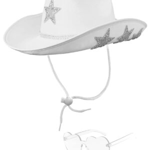 YBHOMINE White Cowgirl Hat with Heart Sunglasses - Cowboy Hat with Glitter Star Fits Women for Bachelorette Themed Party(Glitter Star)