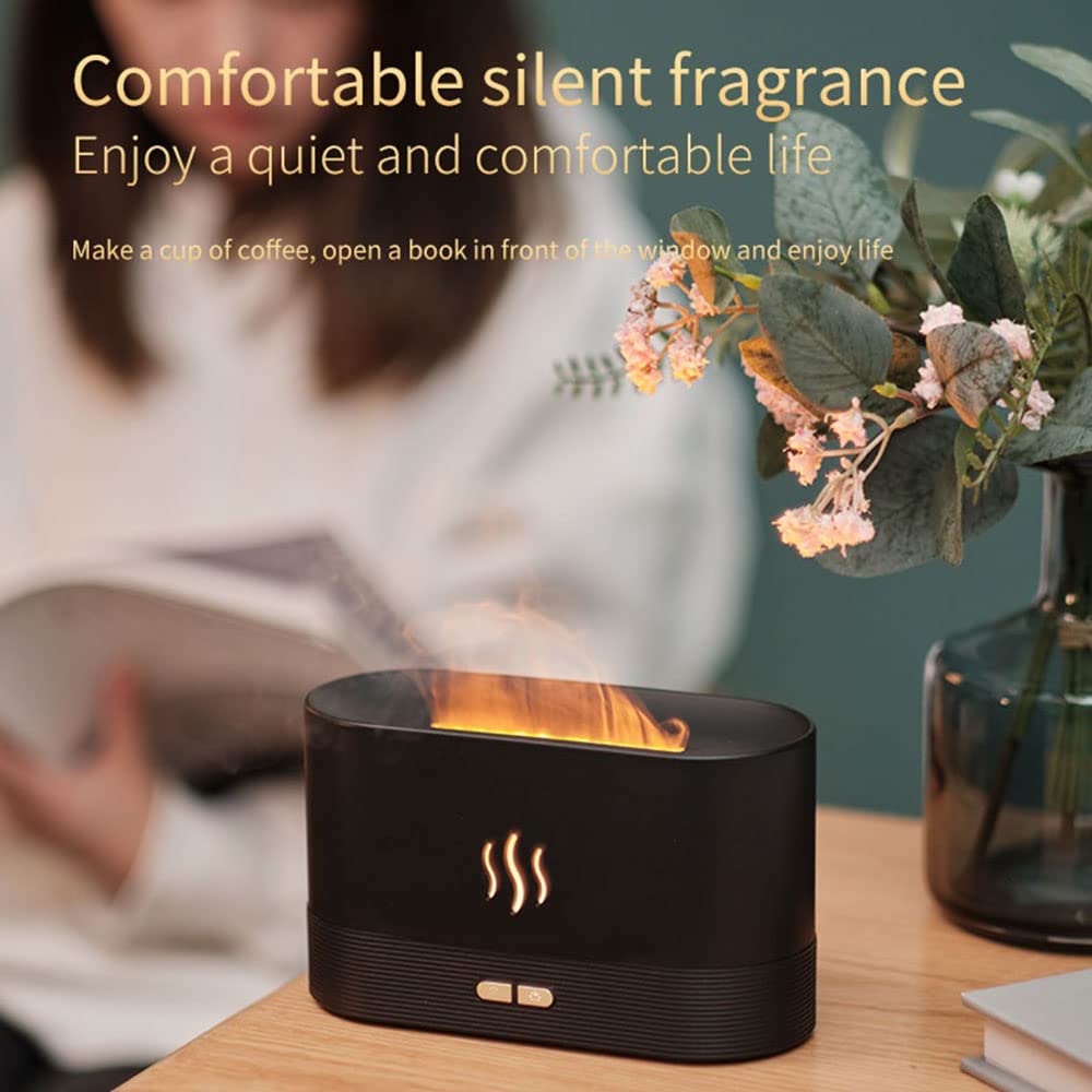 Upgraded 7 Color Flame Fireplace Air Aroma Essential Oil Diffuser,USB Personal Desktop Noiseless Cool Mist Humidifier with Auto-Off Protection for Home,Office, Gift (BLACK)