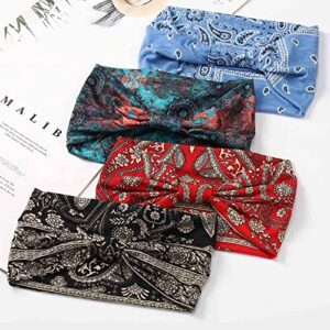 Acenail Boho Headbands Women Wide Head Bands Knotted Turban Headband Nonslip Elastic Hairbands Floral Hairband Workout Hair Scarfs Yoga Sweatbands Bohemian Head Wraps for Women 4Pcs(#5 Gorgeous)