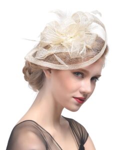 jwicos vintage fascinators for women with feather fascinator headband wedding hair clip tea party hat for women (ivory)