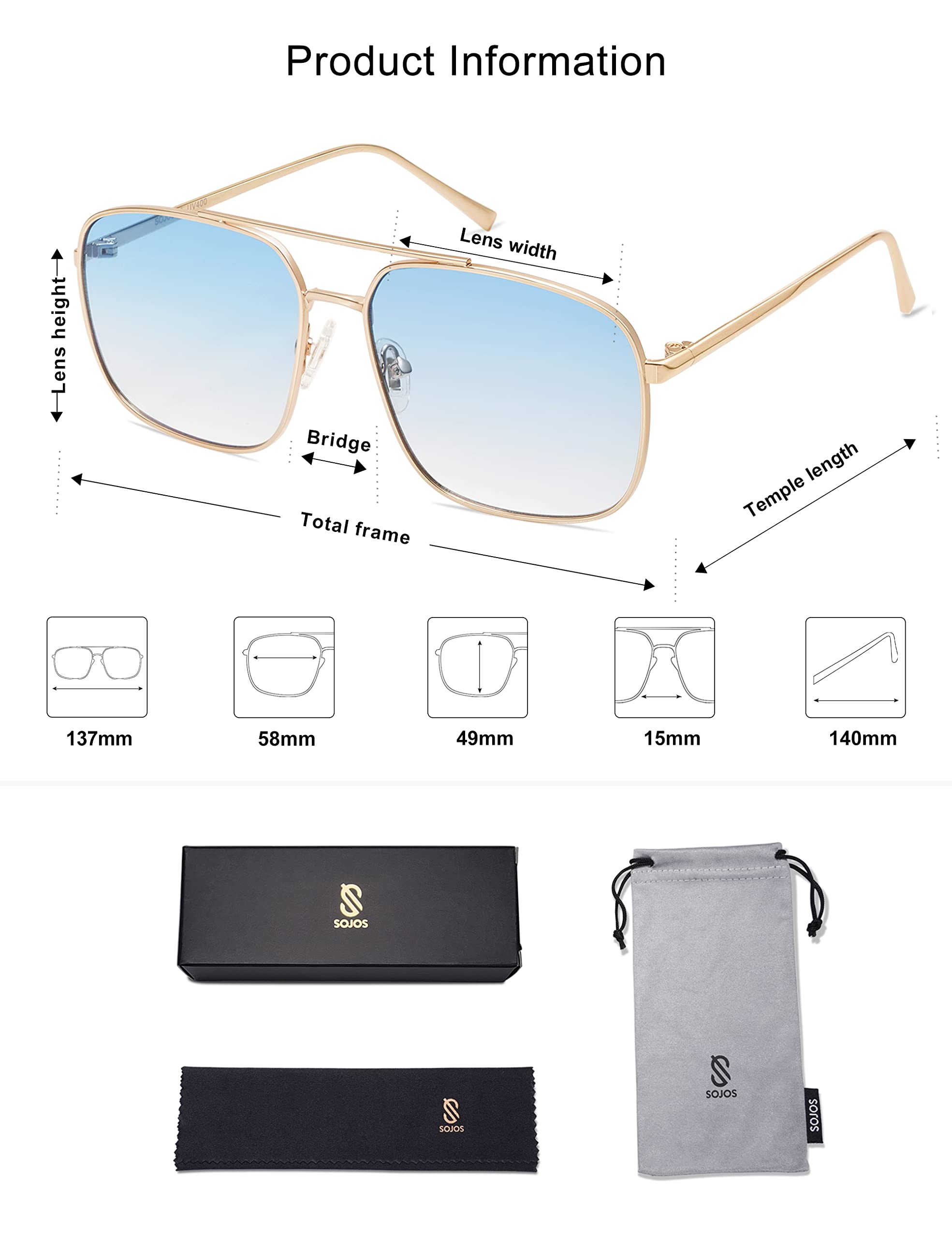 SOJOS Retro Square Aviator Sunglasses Womens Mens Aesthetic Y2k Light Lens Shades SJ1176, Gold/Gradient Light Blue