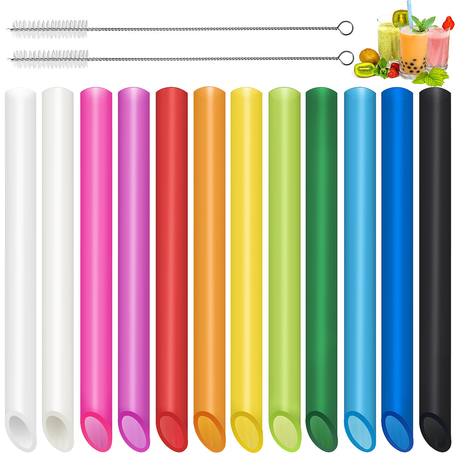 12 Pcs Reusable Boba Straws - BPA-Free Wide Reusable Plastic Straws for Smoothies, Boba(Tapioca, Boba Pearls) & Shakes with 2 Brushes（Multicolor）