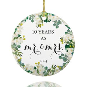 10 year anniversary ornament 2024, 10th anniversary collectible holiday christmas ornaments, 10 year as mr and mrs gift for couple, 2.9" ceramic 10th wedding anniversary ornament