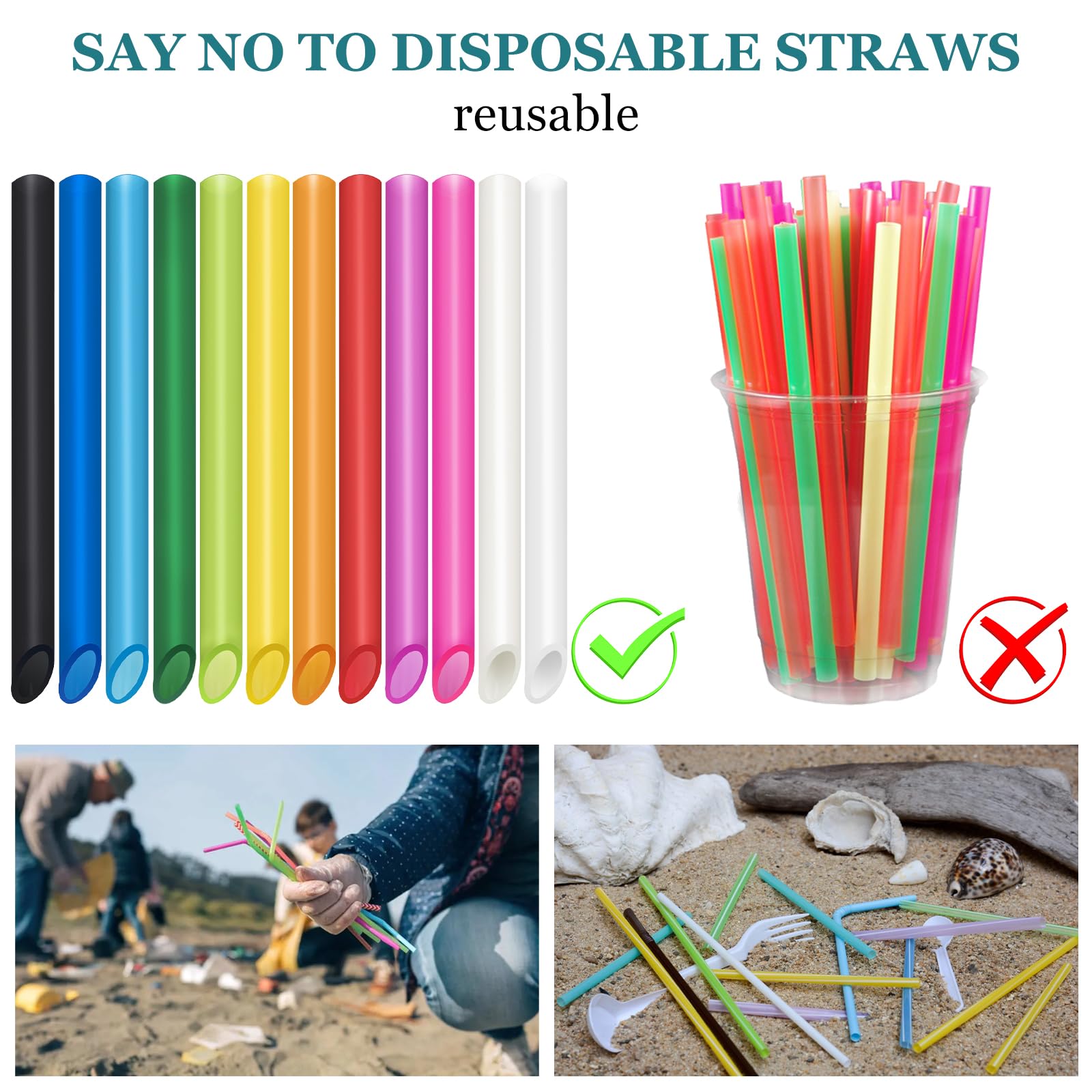 12 Pcs Reusable Boba Straws - BPA-Free Wide Reusable Plastic Straws for Smoothies, Boba(Tapioca, Boba Pearls) & Shakes with 2 Brushes（Multicolor）