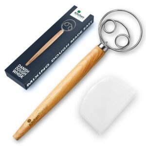 13 inch danish dough whisk with dough scraper, dutch bread whisk with stainless steel dough hook, sourdough whisk for baking, danish whisk for dough, dutch whisk for dough, bread whisking tool