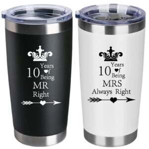 set of 2 10th wedding engagement anniversary tumblers for couples parents 20 ounce stainless steel insulated car tumbler travel mug mr right mrs always right 10 years anniversary funny present