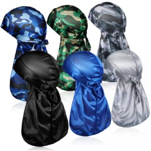 6 pcs durags for men silky camouflage durag cap with long tail and wide straps colorful 360 waves doo rags durag du rag cap for men and women hip hop rapper