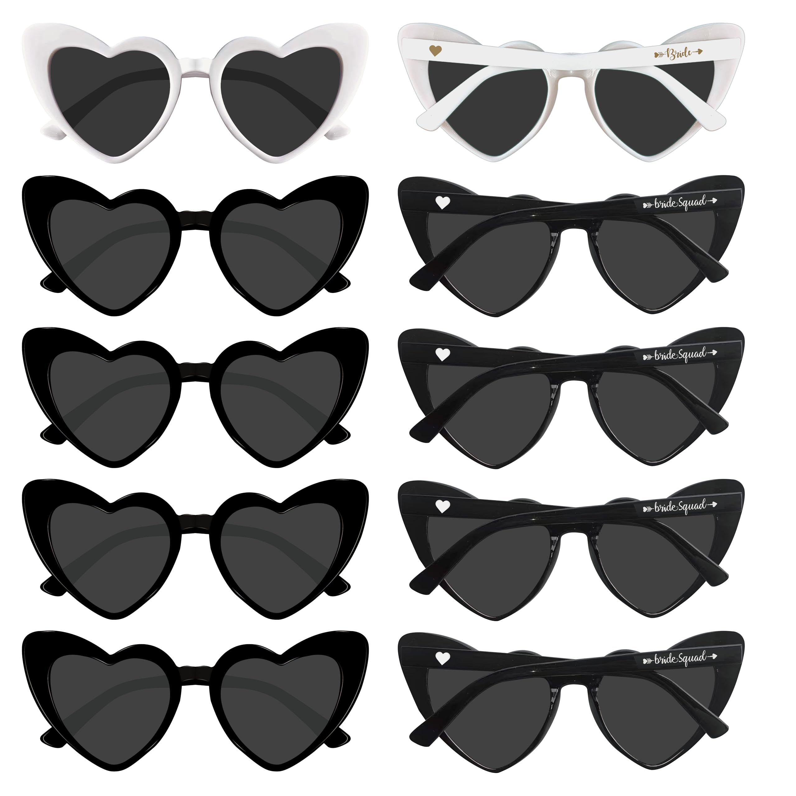 PartyGifts&beyond Bachelorette Sunglasses Heart Sunglasses 10 Packs Bride Squad and Bride Sunglasses for Bachelorette Party Wedding Bridesmaid Gifts(Black)