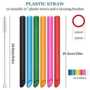 12 Pcs Reusable Boba Straws - BPA-Free Wide Reusable Plastic Straws for Smoothies, Boba(Tapioca, Boba Pearls) & Shakes with 2 Brushes（Multicolor）