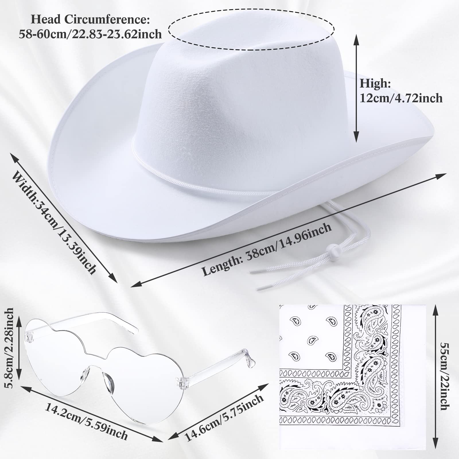 Coume 18 Pcs Cowboy Hat with Heart Sunglasses and Paisley Bandanas Western Cowgirl Hat for Halloween Cosplay Costume(White,Simple Style)