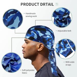 6 Pcs Durags for Men Silky Camouflage Durag Cap with Long Tail and Wide Straps Colorful 360 Waves Doo Rags Durag Du Rag Cap for Men and Women Hip Hop Rapper