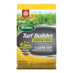 scotts turf builder weed & feed5, weed killer and lawn fertilizer, controls dandelion clover and more, 12,000 sq. ft, 33.95 lbs.