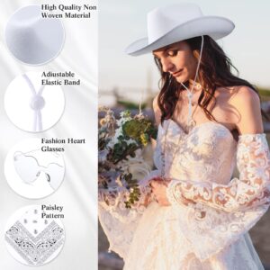 Coume 18 Pcs Cowboy Hat with Heart Sunglasses and Paisley Bandanas Western Cowgirl Hat for Halloween Cosplay Costume(White,Simple Style)