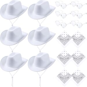 coume 18 pcs cowboy hat with heart sunglasses and paisley bandanas western cowgirl hat for halloween cosplay costume(white,simple style)