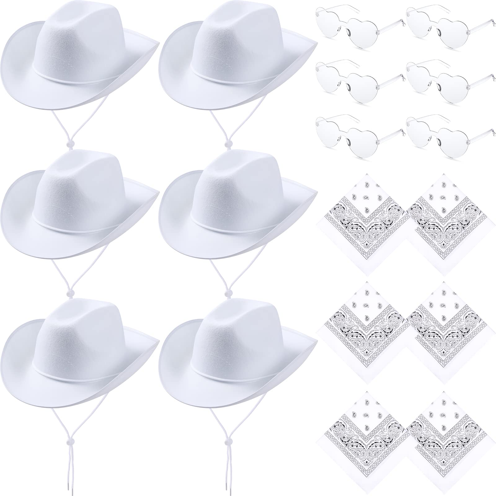 Coume 18 Pcs Cowboy Hat with Heart Sunglasses and Paisley Bandanas Western Cowgirl Hat for Halloween Cosplay Costume(White,Simple Style)