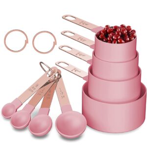 rose gold stainless steel handle measuring cups and spoons set, 8 piece stackable accurate tablespoon for measuring dry and liquid ingredients small teaspoon with plastic head (pink)