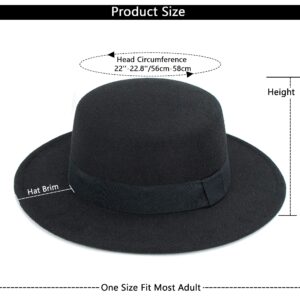 Wide Brim Wool Felt Flat Top Fedora Hat for Women and Men Pork Pie Hat Felt Boater Party Church Trilby Hats Black