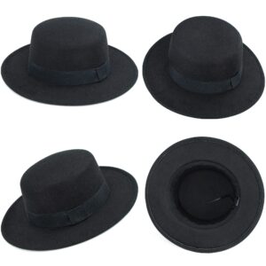 Wide Brim Wool Felt Flat Top Fedora Hat for Women and Men Pork Pie Hat Felt Boater Party Church Trilby Hats Black