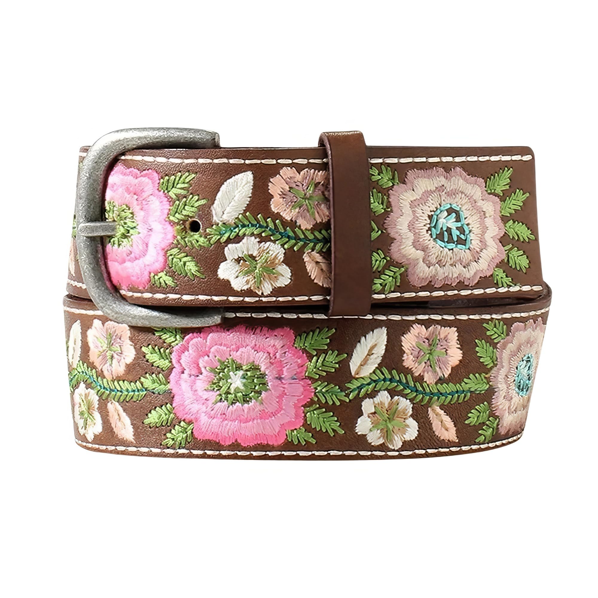 ARIAT Women's Embroidered Floral Belt, Genuine Leather, Removable Buckle, Brown, Large