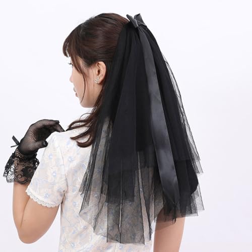 Aularso Black Lace Wedding Veils Bow-Knot Simple Veils for Bridal Short 2 Tier Waist Length Tulle Veil with Comb Halloween Costume Veils for Women and Girls (BlackC-S)