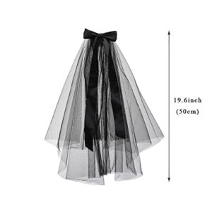 Aularso Black Lace Wedding Veils Bow-Knot Simple Veils for Bridal Short 2 Tier Waist Length Tulle Veil with Comb Halloween Costume Veils for Women and Girls (BlackC-S)