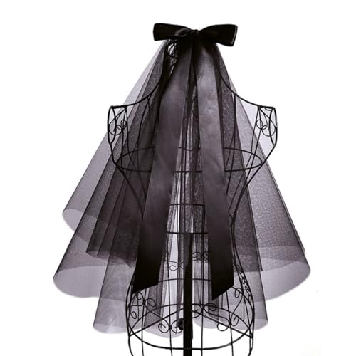 Aularso Black Lace Wedding Veils Bow-Knot Simple Veils for Bridal Short 2 Tier Waist Length Tulle Veil with Comb Halloween Costume Veils for Women and Girls (BlackC-S)