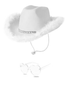 ybhomine cowboy hat with heart sunglasses - cowgirl hat with feather boa brim for women&men,bachelorette party halloween (white)